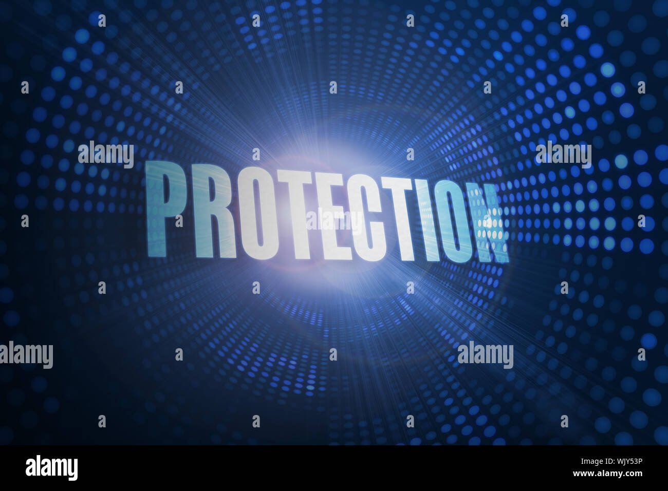 The word protection against futuristic dotted blue and black background ...