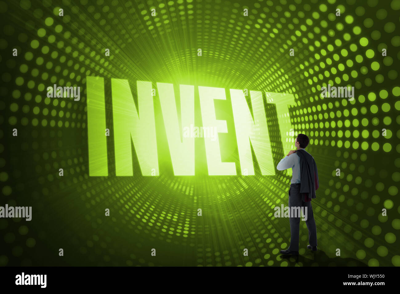 The word invent and businessman holding his jacket against green pixel ...