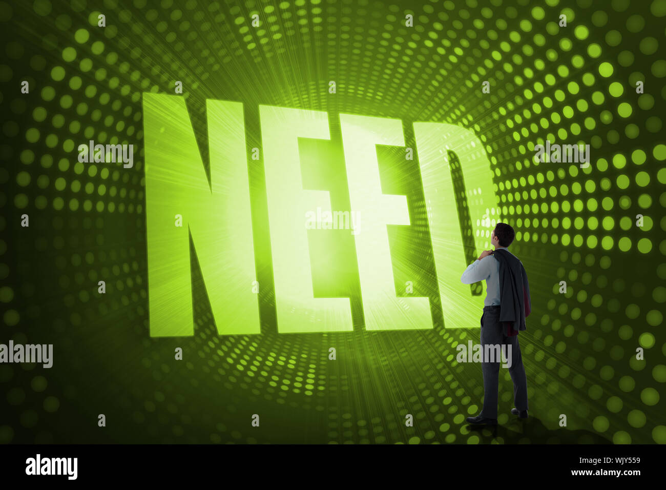 The word need and businessman holding his jacket against green pixel ...