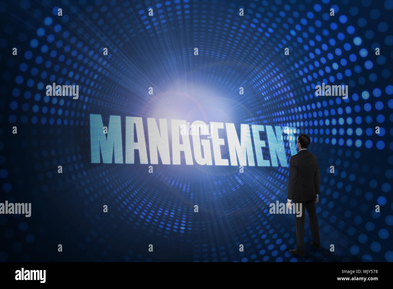 The word management and asian businessman against futuristic dotted ...
