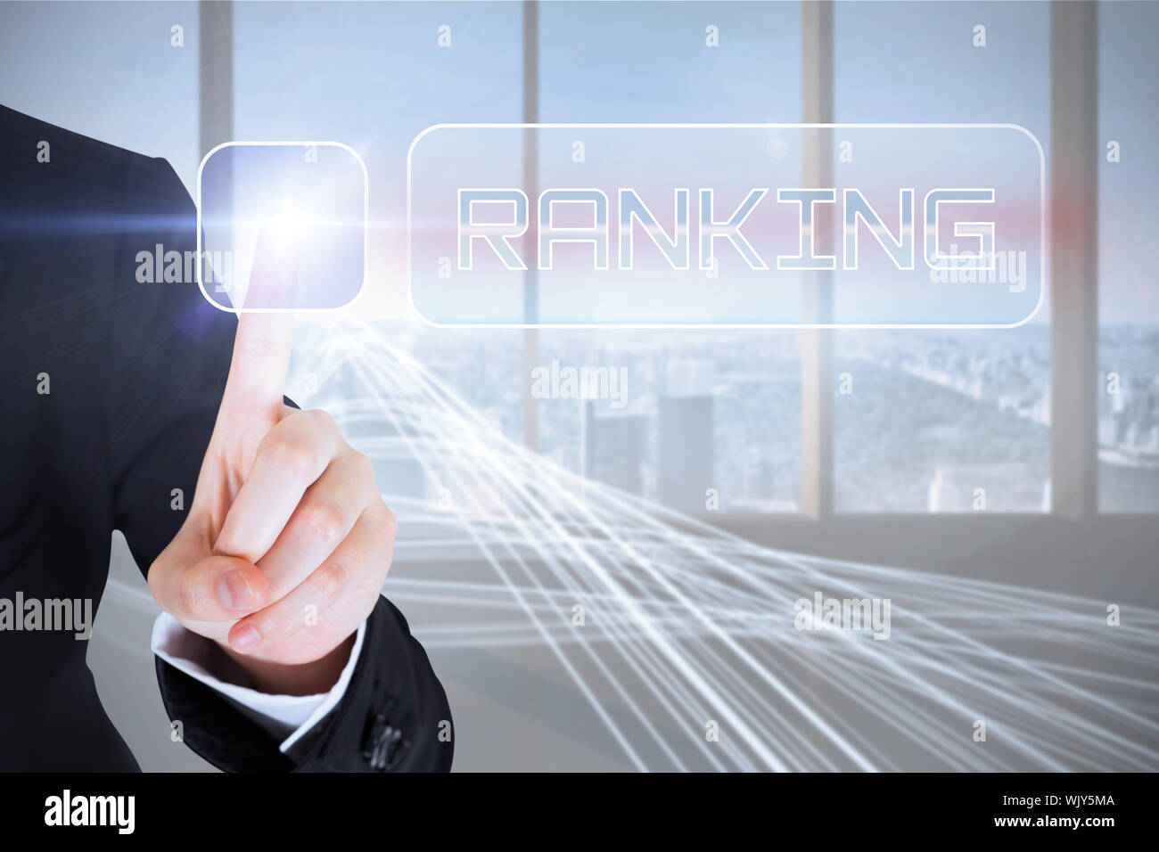 Businesswomans finger touching ranking button against abstract white ...