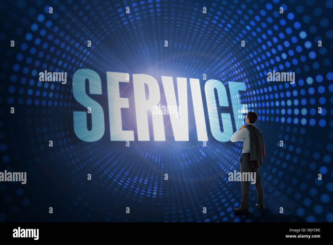 The word service and businessman holding his jacket against futuristic ...