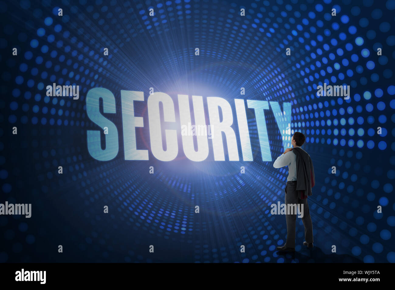 The word security and businessman holding his jacket against futuristic ...