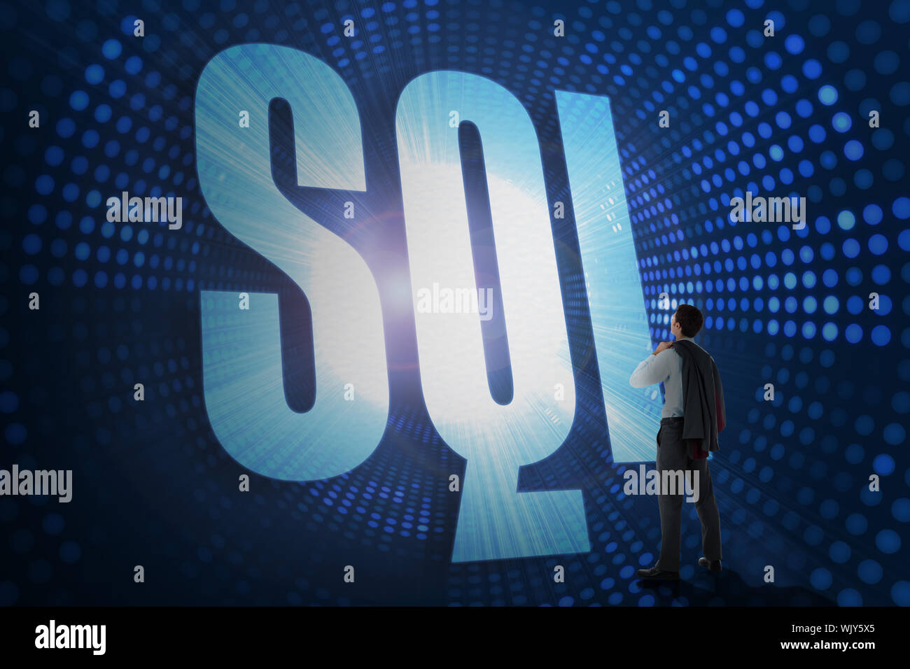 The word sql and businessman holding his jacket against futuristic ...