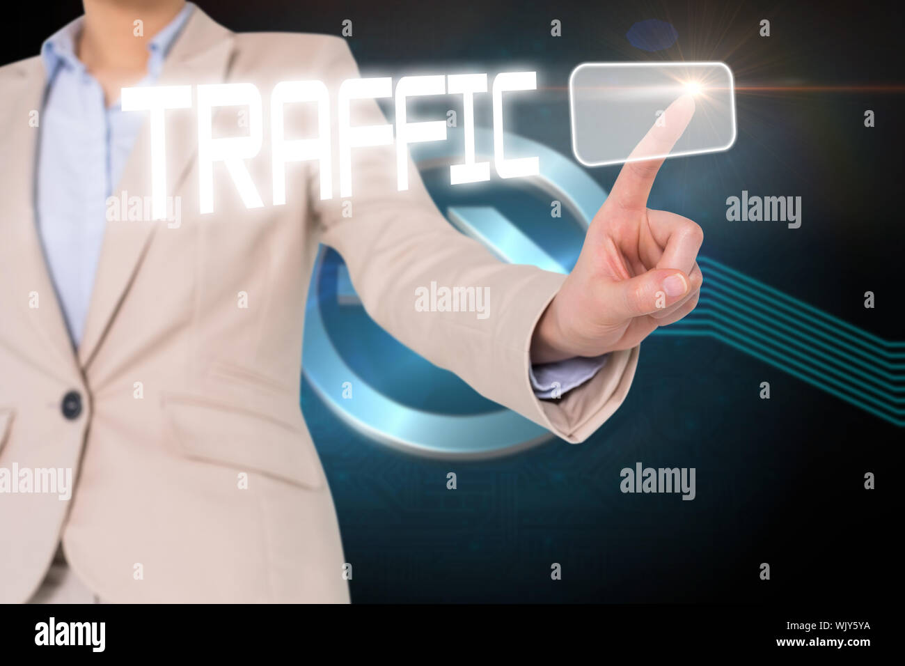 Businesswomans finger touching traffic button against shiny arrow ...