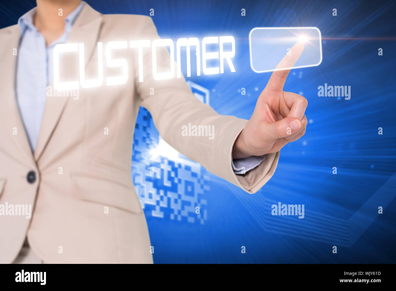 Businesswomans finger touching customer button against digitally ...