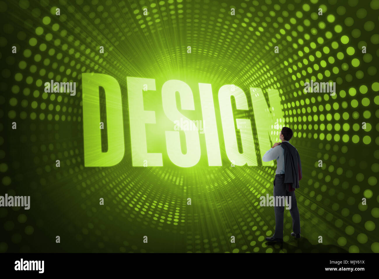 The word design and businessman holding his jacket against green pixel ...