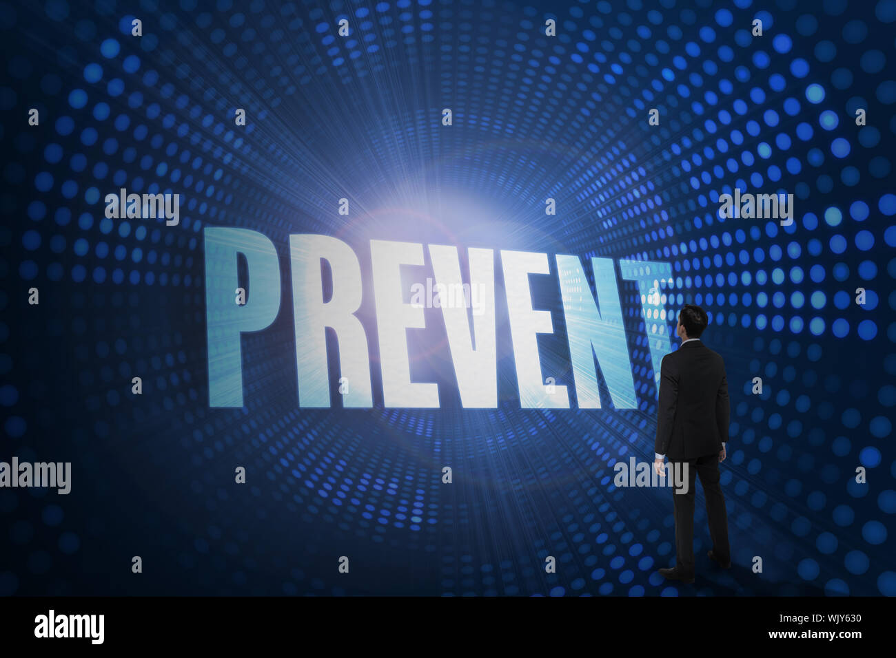 The word prevent and asian businessman against futuristic dotted blue ...