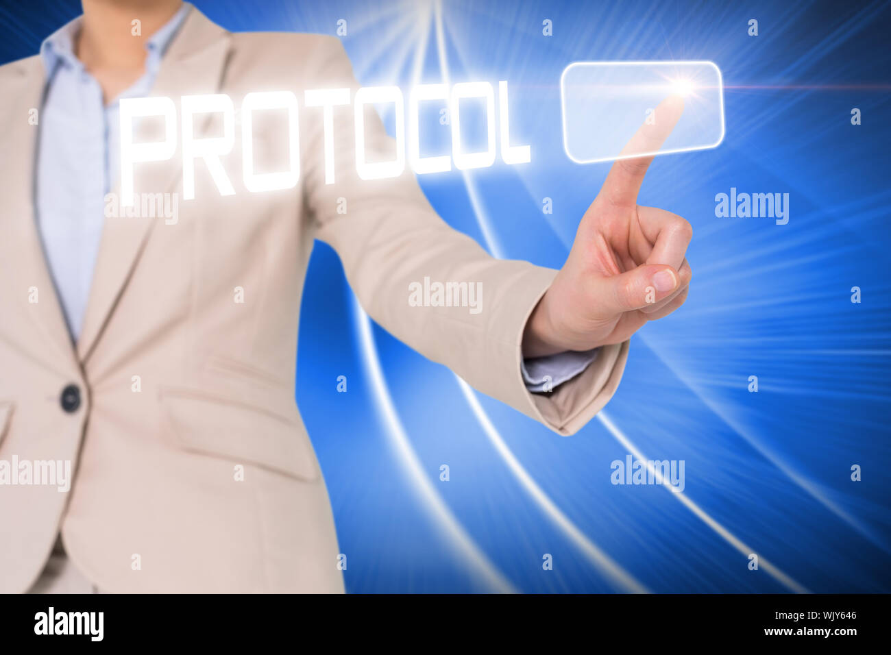 Businesswomans finger touching protocol button against background with ...