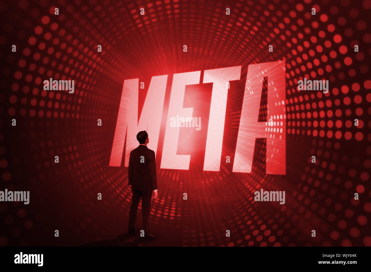 The word meta and asian businessman against red pixel spiral Stock ...