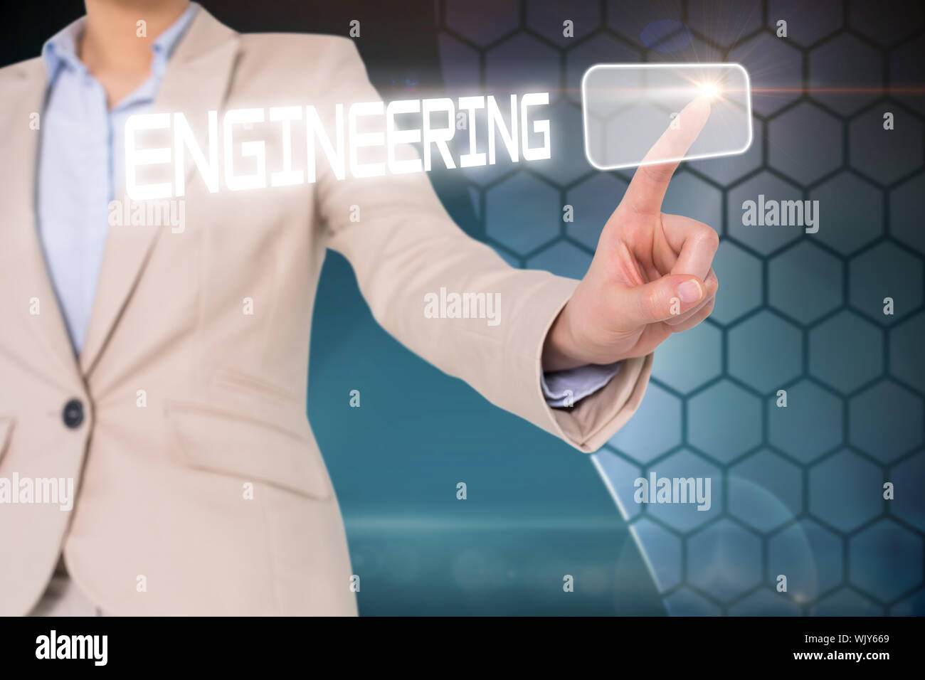 Businesswomans finger touching engineering button against shiny white ...