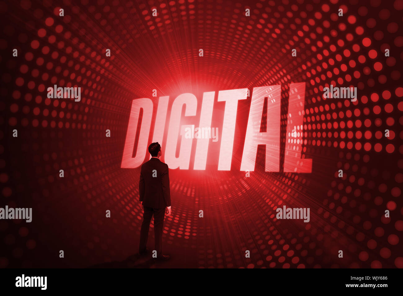 The word digital and asian businessman against red pixel spiral Stock ...