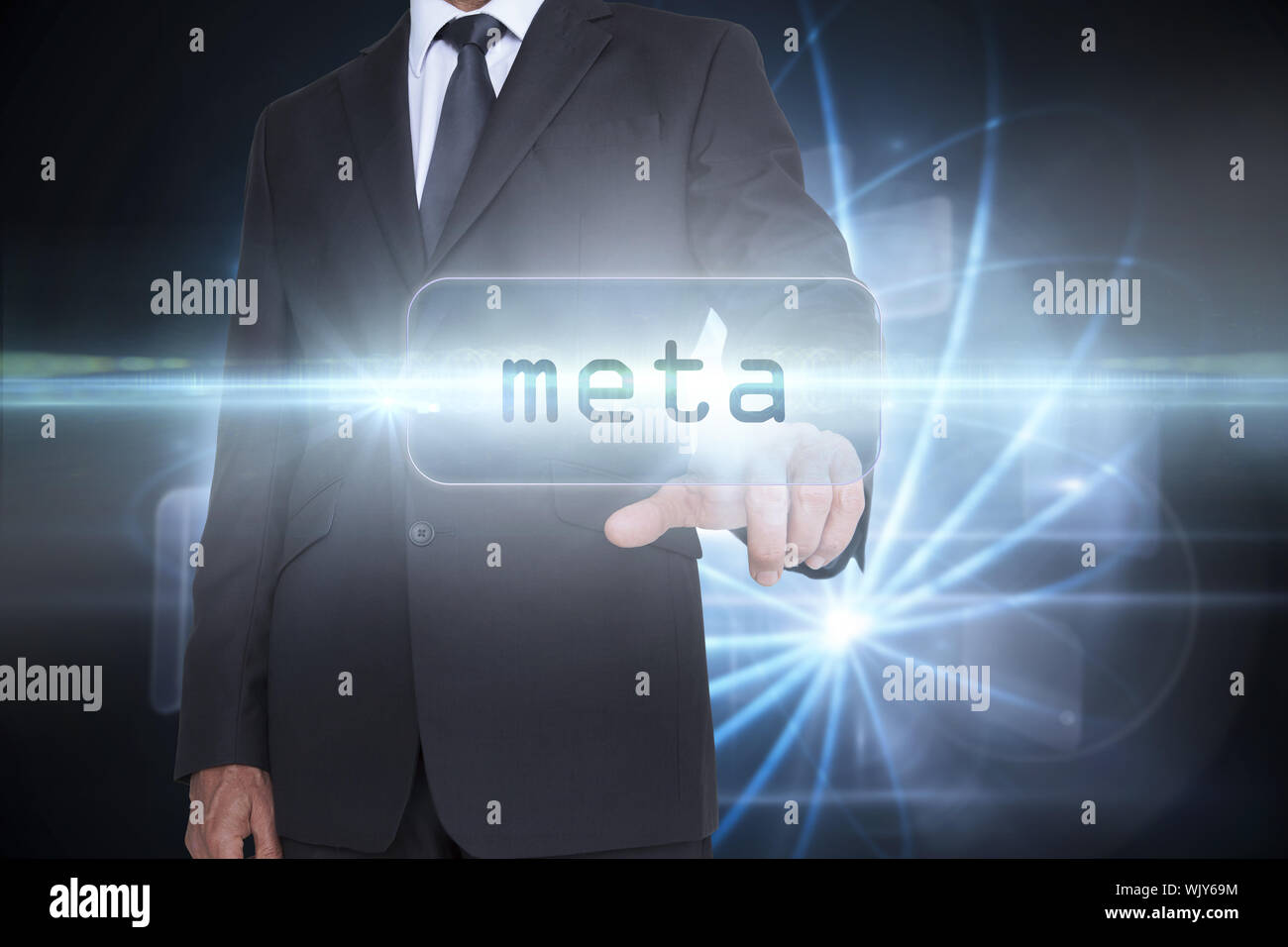 The word meta and businessman pointing against shiny sphere on black ...