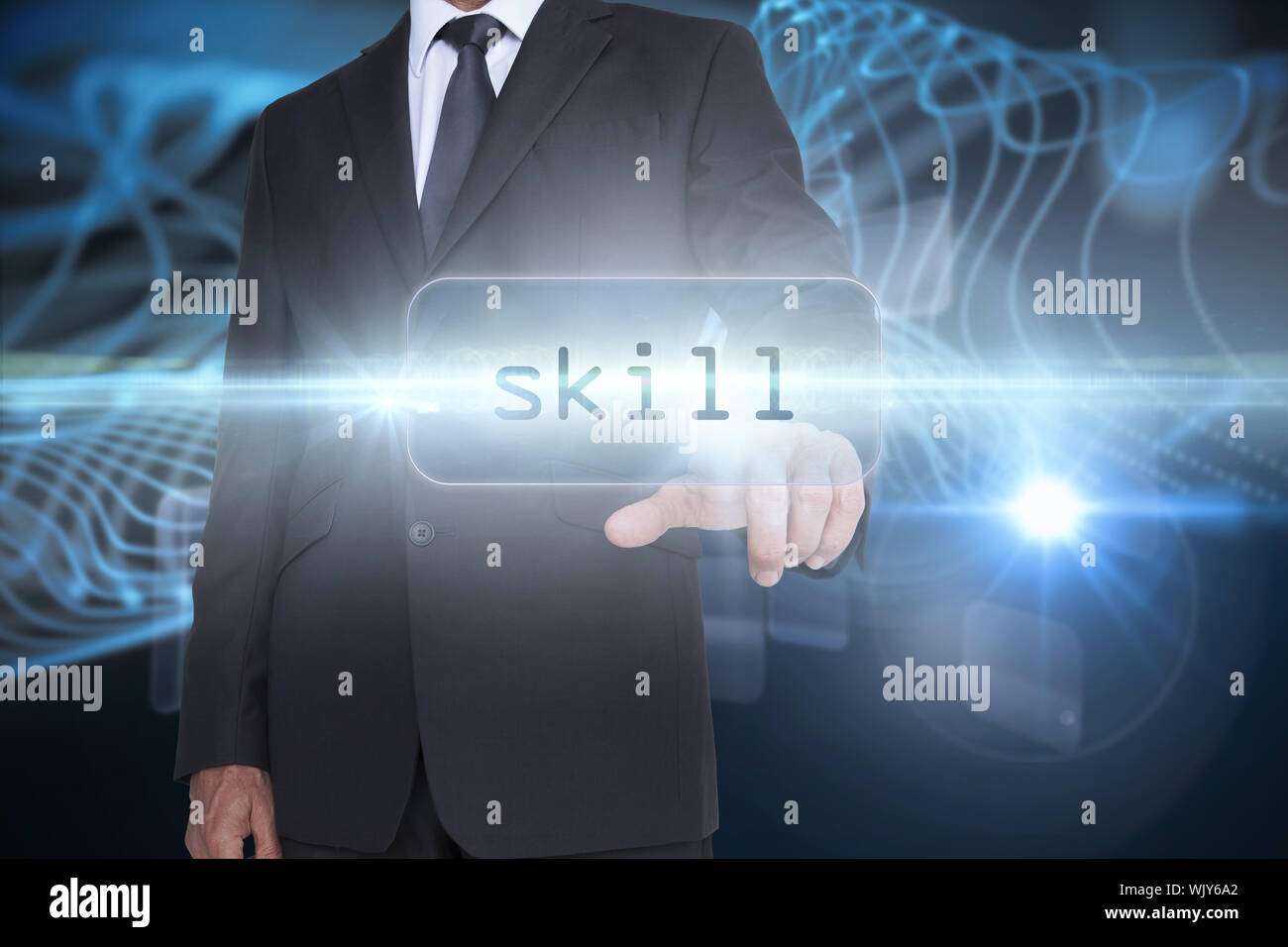 The word skill and businessman pointing against abstract glowing black ...