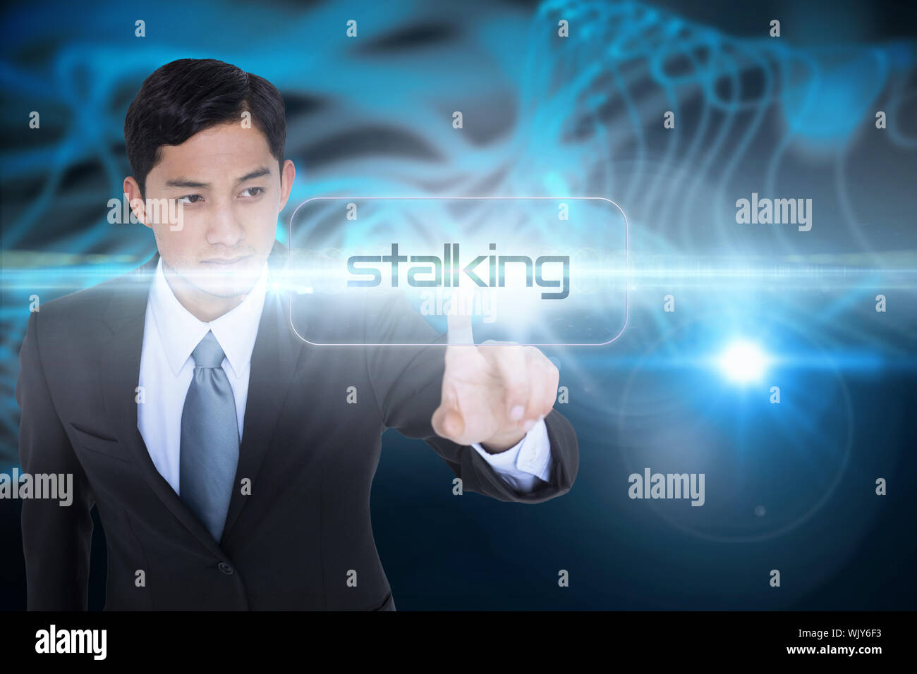 The word danger and unsmiling asian businessman pointing against ...