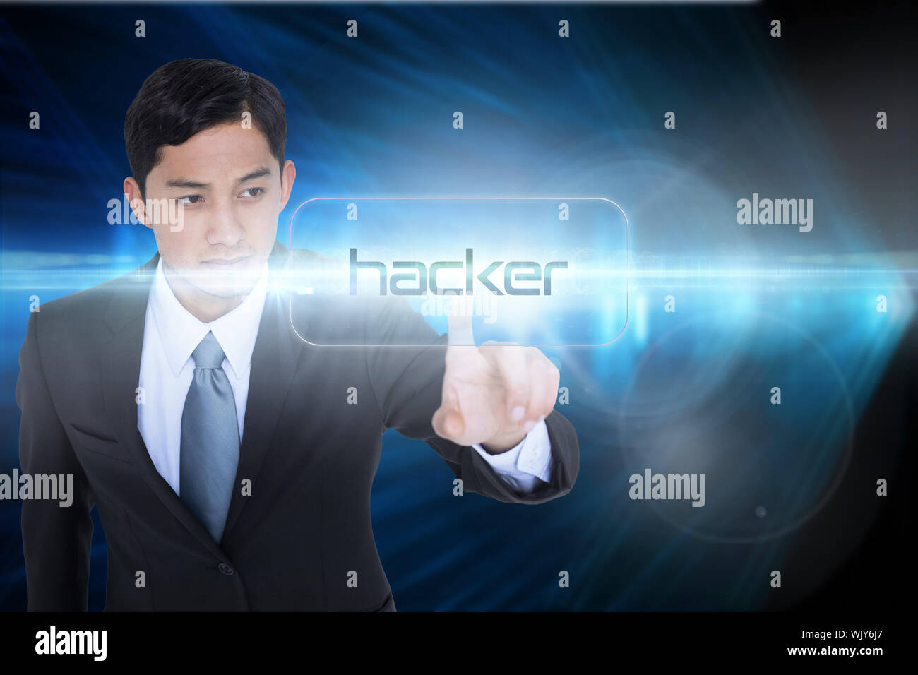 The word hacker and unsmiling asian businessman pointing against shiny ...