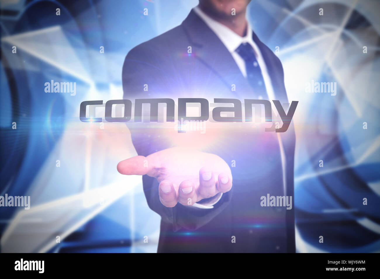 The word company and businessman presenting against white abstract ...