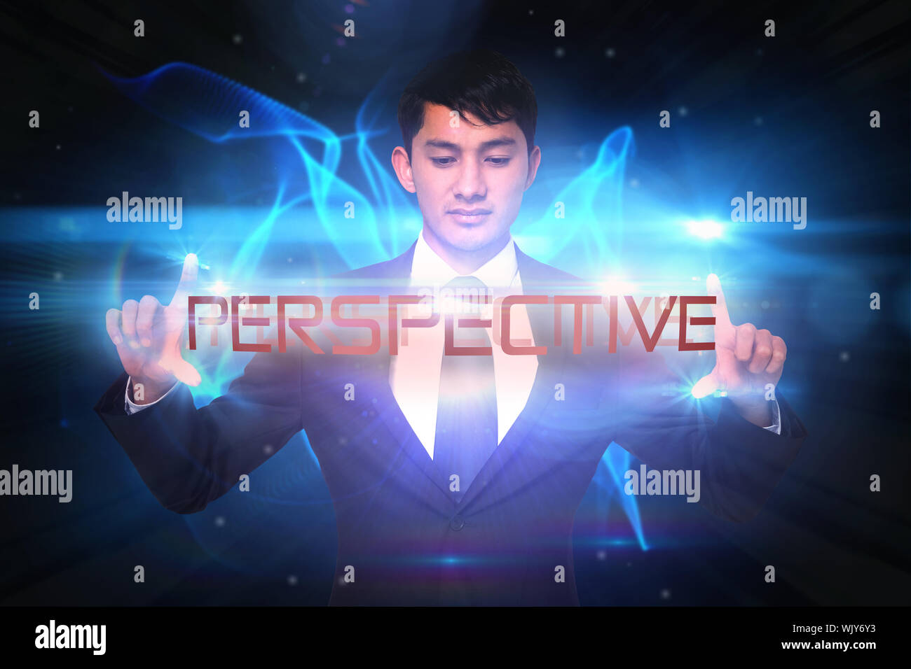 Businessman presenting the word perspective against black background ...