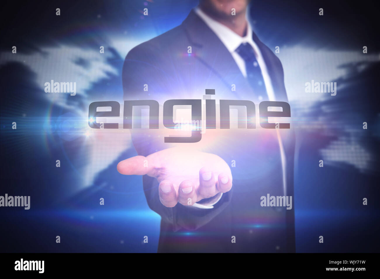 The word engine and businessman presenting against glowing world map on ...