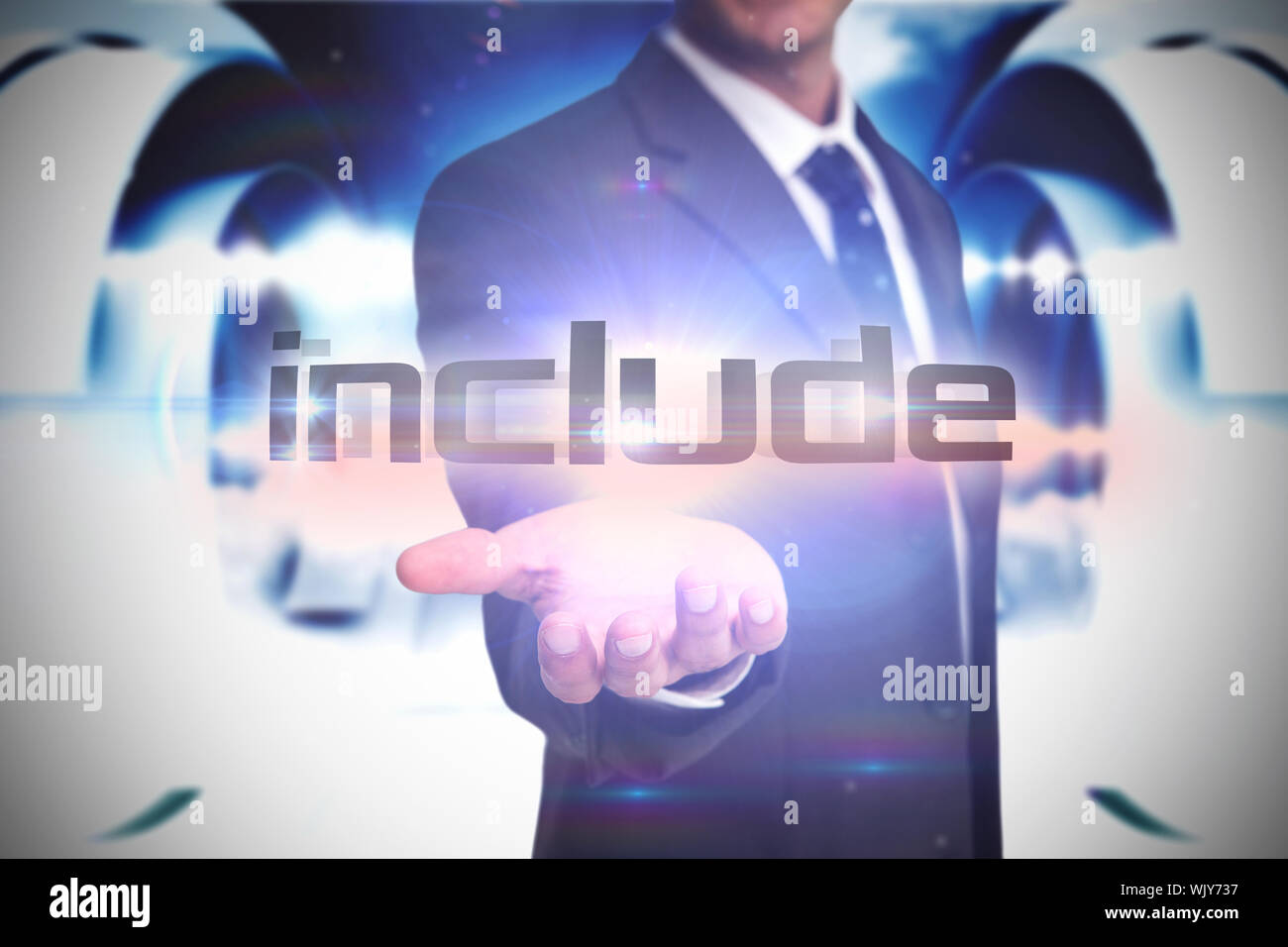 The word include and businessman presenting against abstract cloud ...