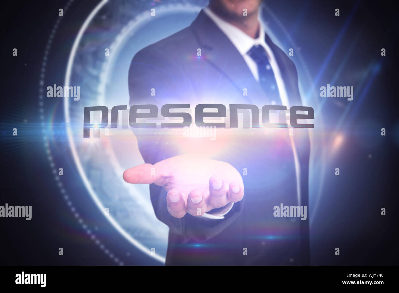 The word presence and businessman presenting against black background ...