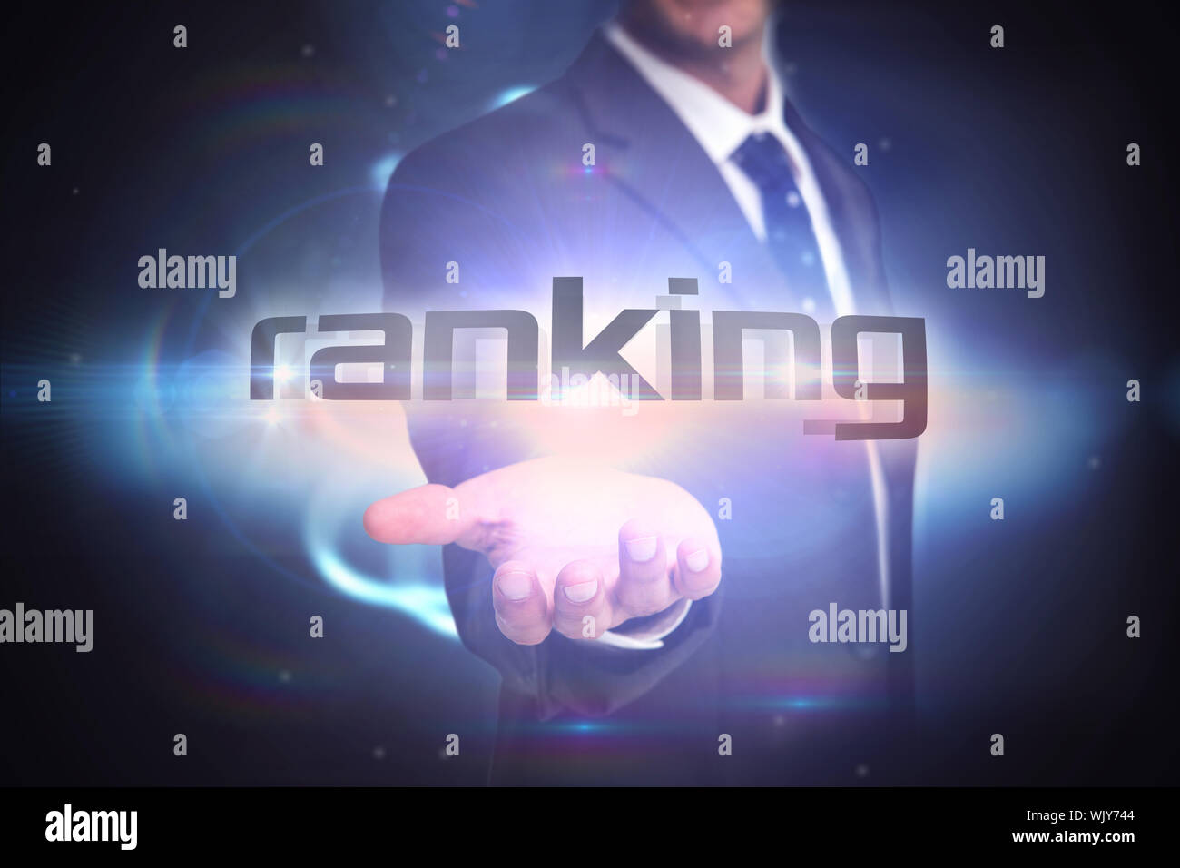 The word ranking and businessman presenting against black background ...