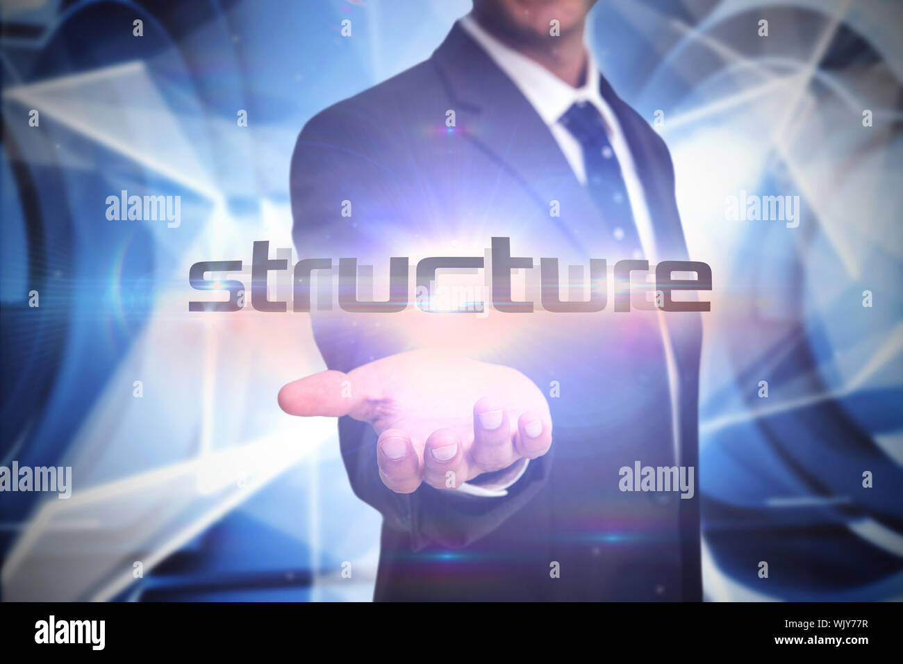 The word structure and businessman presenting against white abstract ...