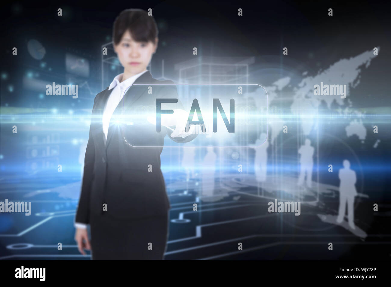 The word fan and focused businesswoman pointing against circuit board ...