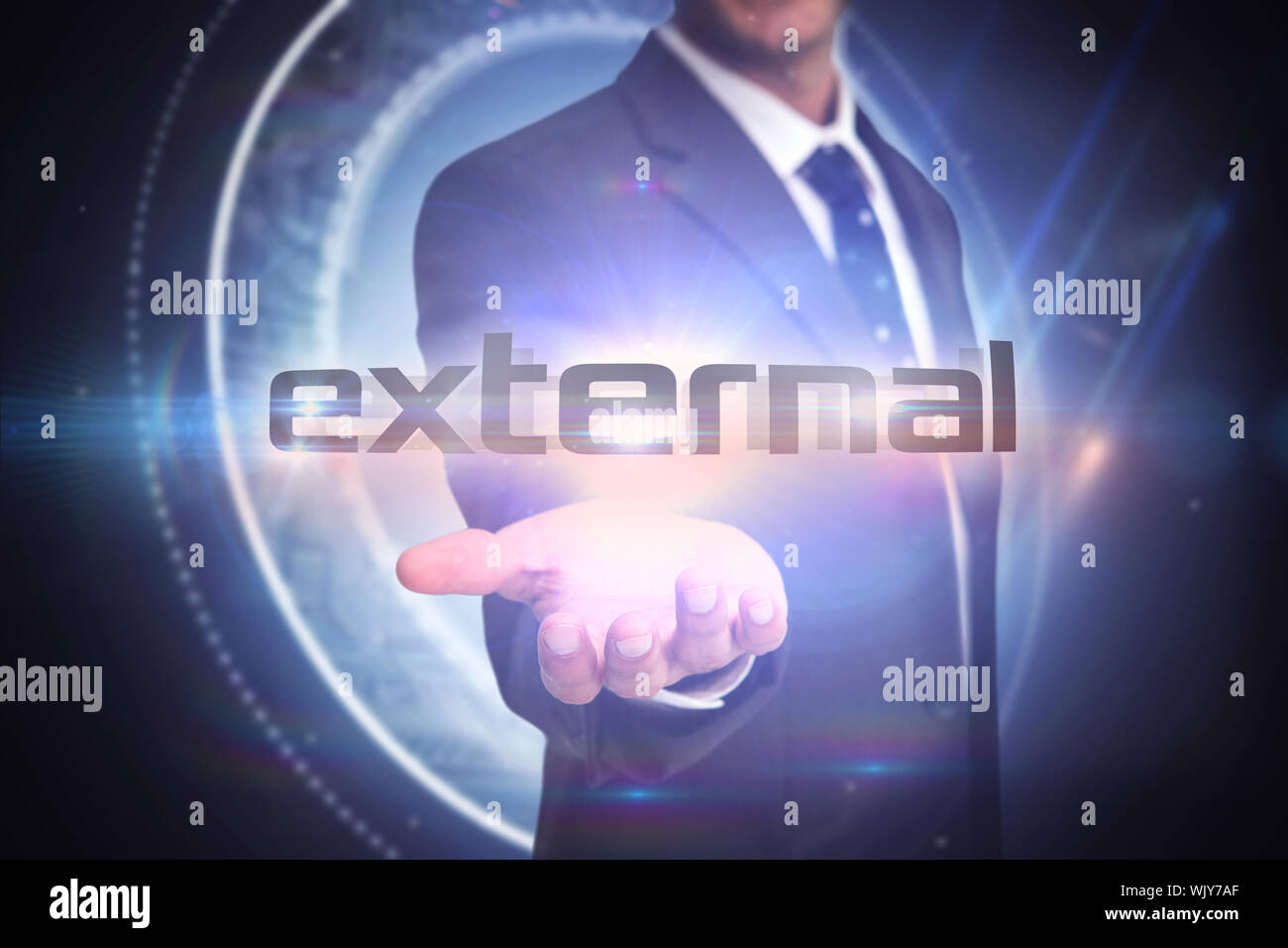 The word external and businessman presenting against black background ...