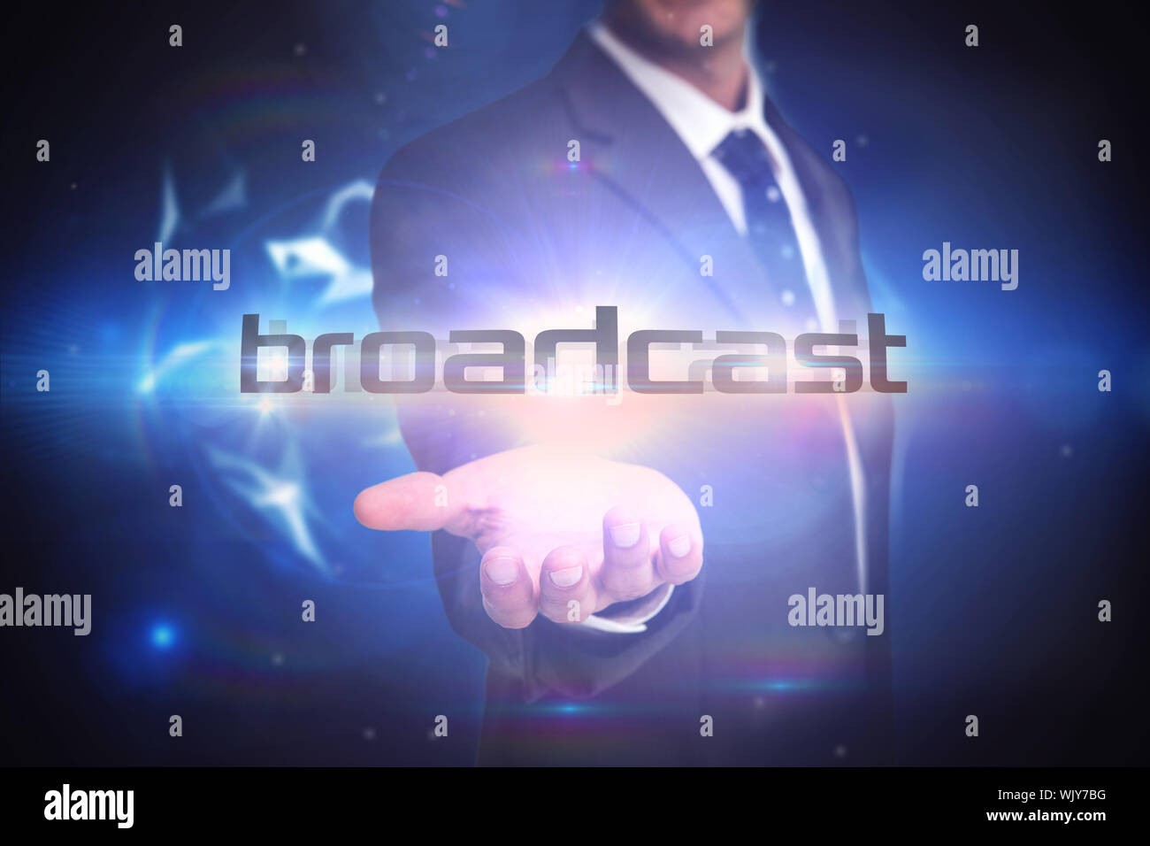 The word broadcast and businessman presenting against glowing ...