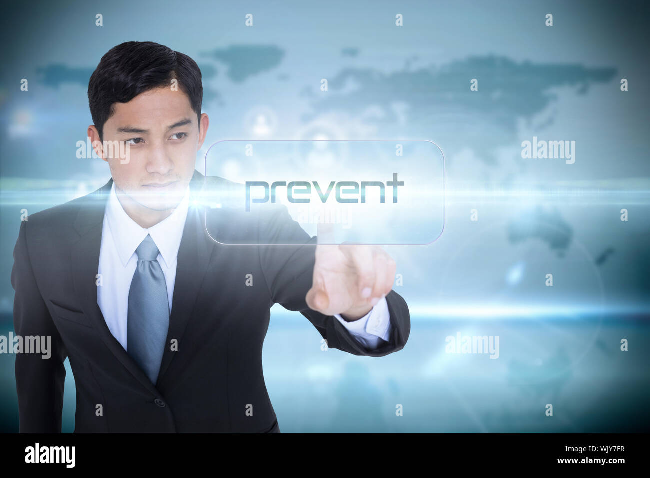 The word prevent and businessman presenting against glowing swirl on ...