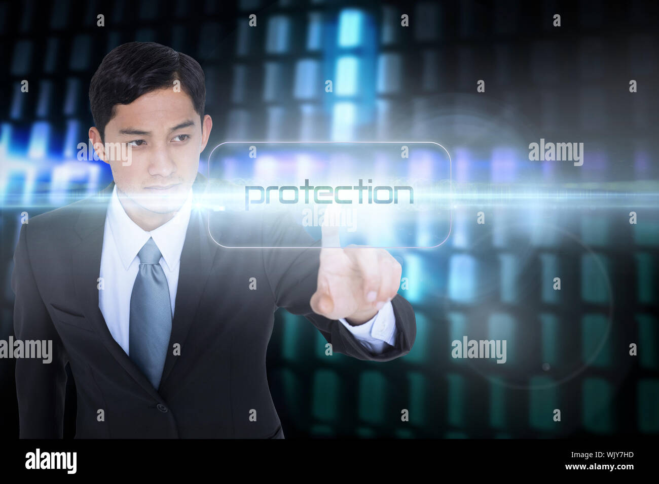 The word protection and unsmiling asian businessman pointing against ...