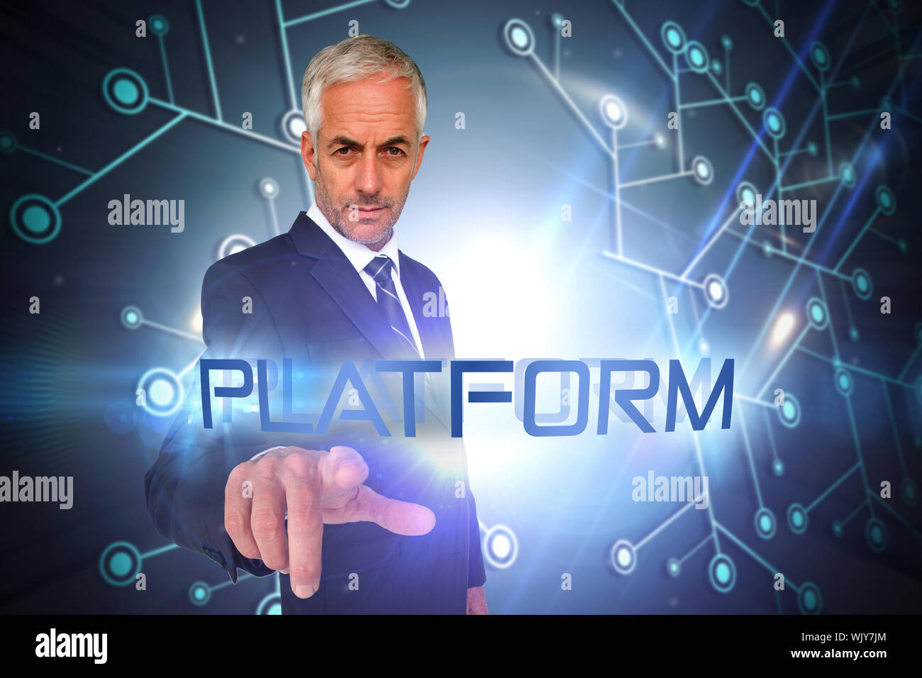 The word platform and businessman pointing against black background ...