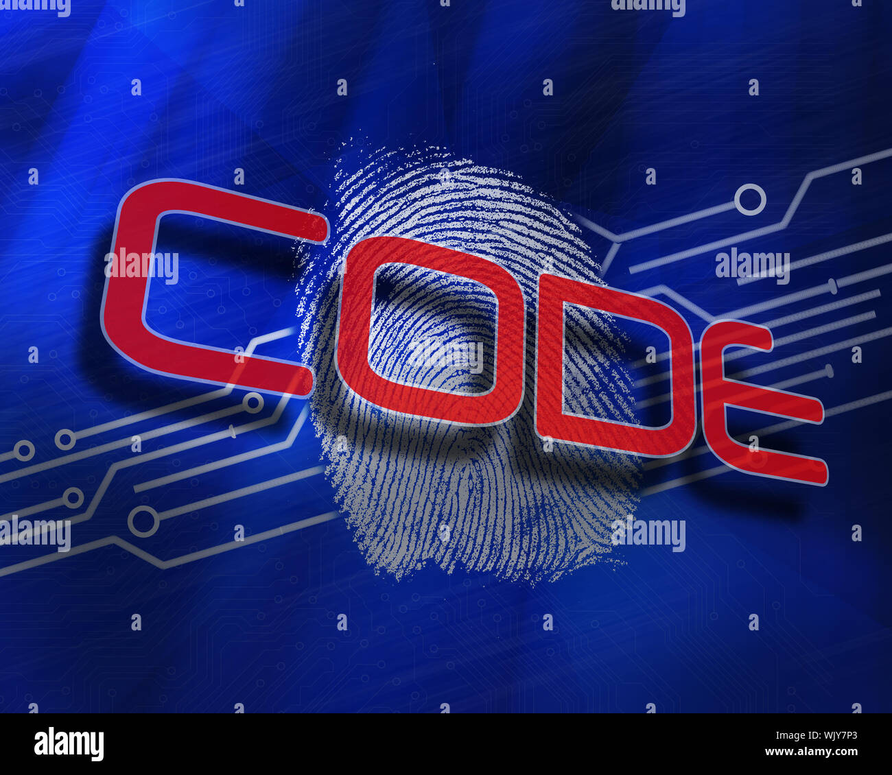 The word code against fingerprint on digital blue background Stock ...
