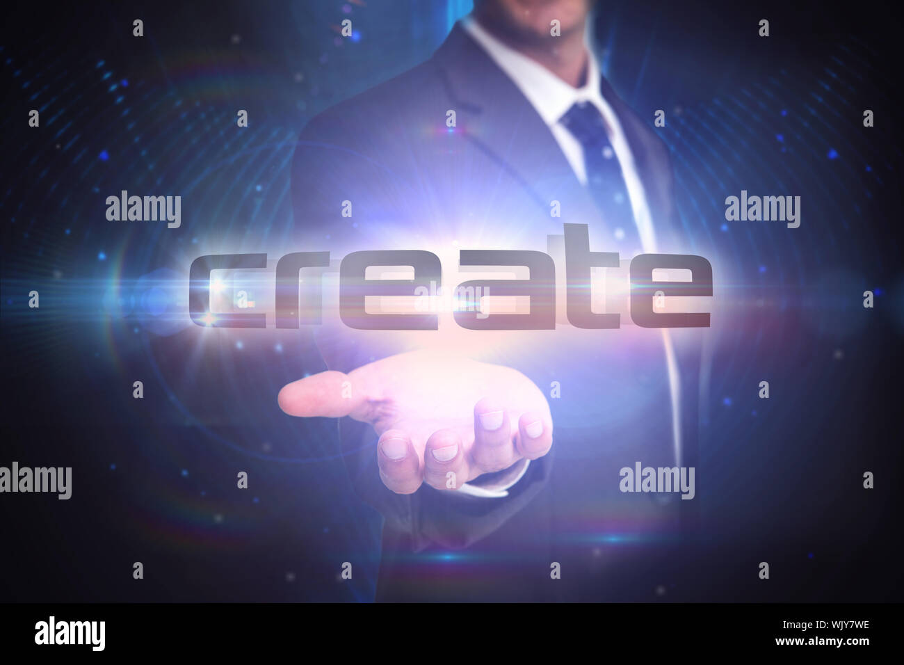 The word create and businessman presenting against futuristic black ...