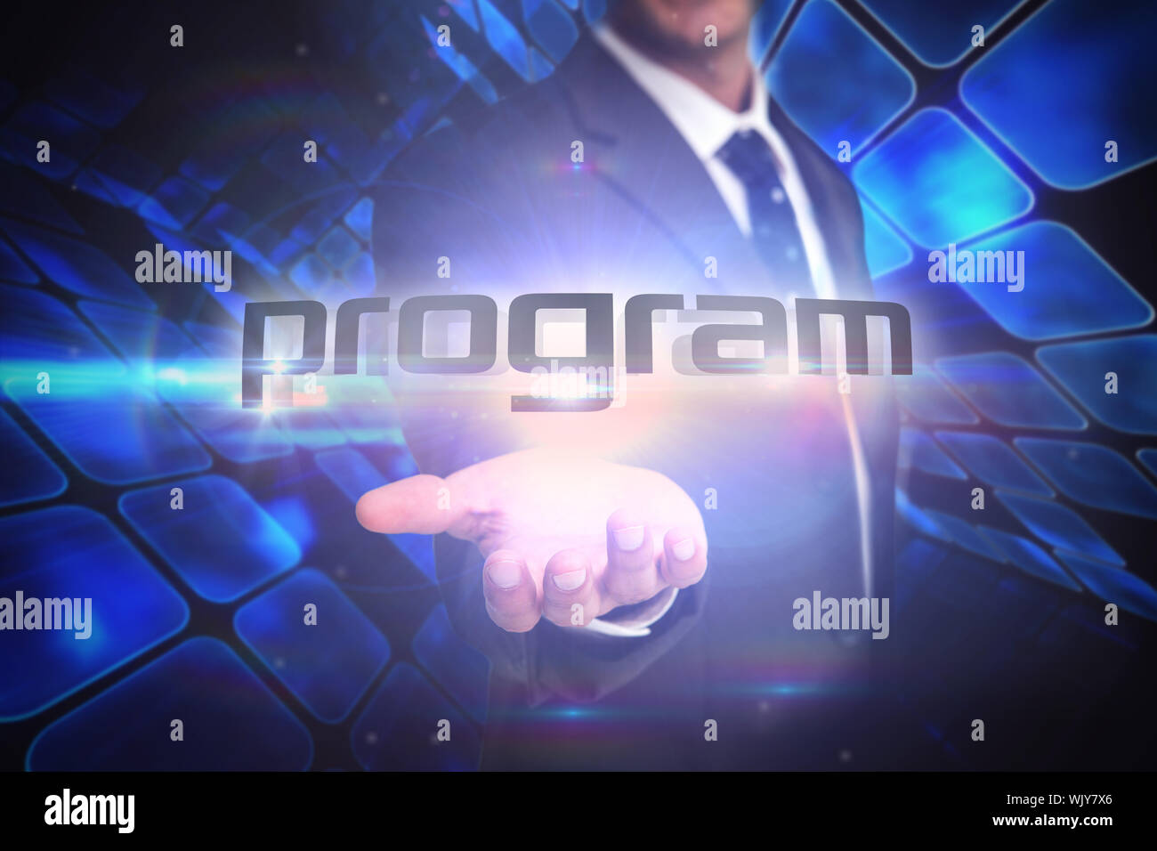 The word program and businessman presenting against room of shiny blue ...