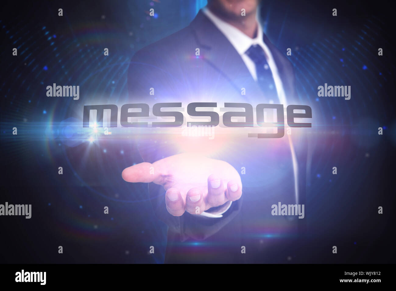 The word message and businessman presenting against futuristic black ...