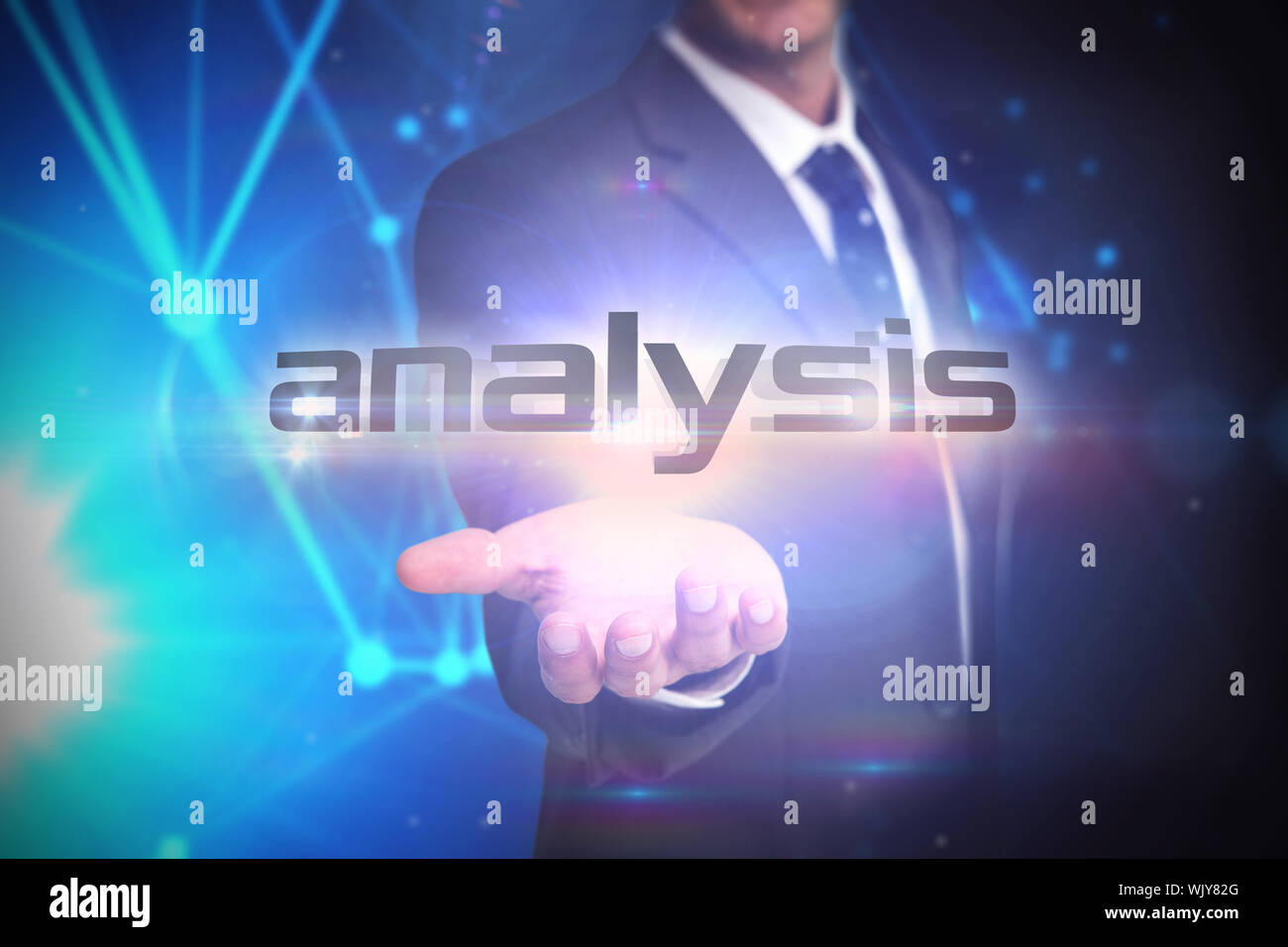 The word analysis and businessman presenting against futuristic black ...