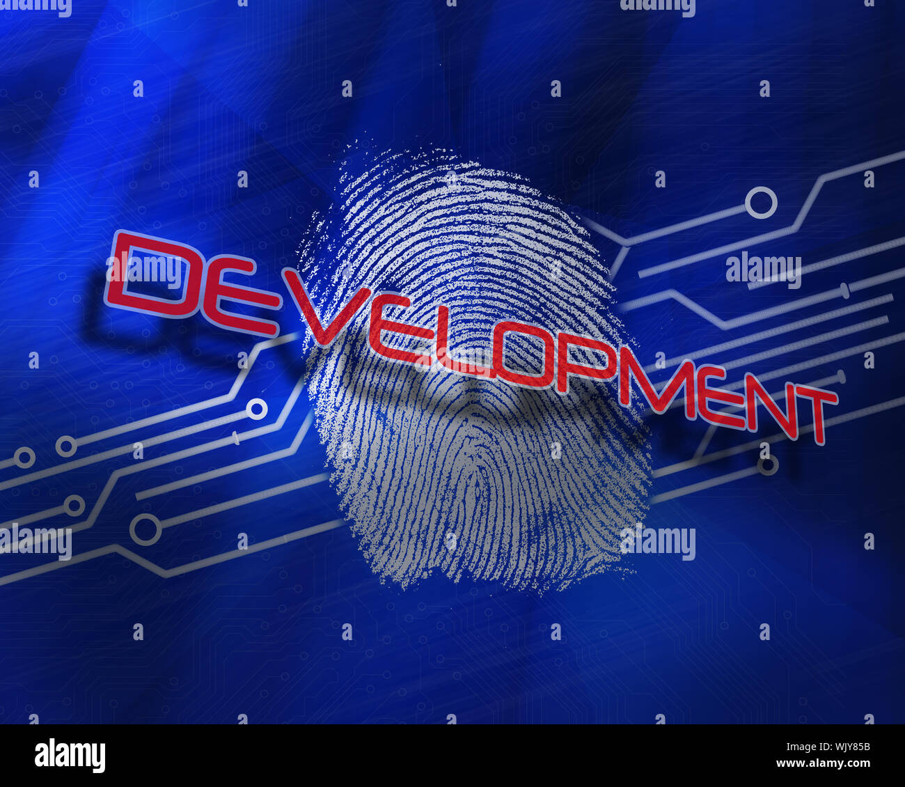 The word development against fingerprint on digital blue background ...