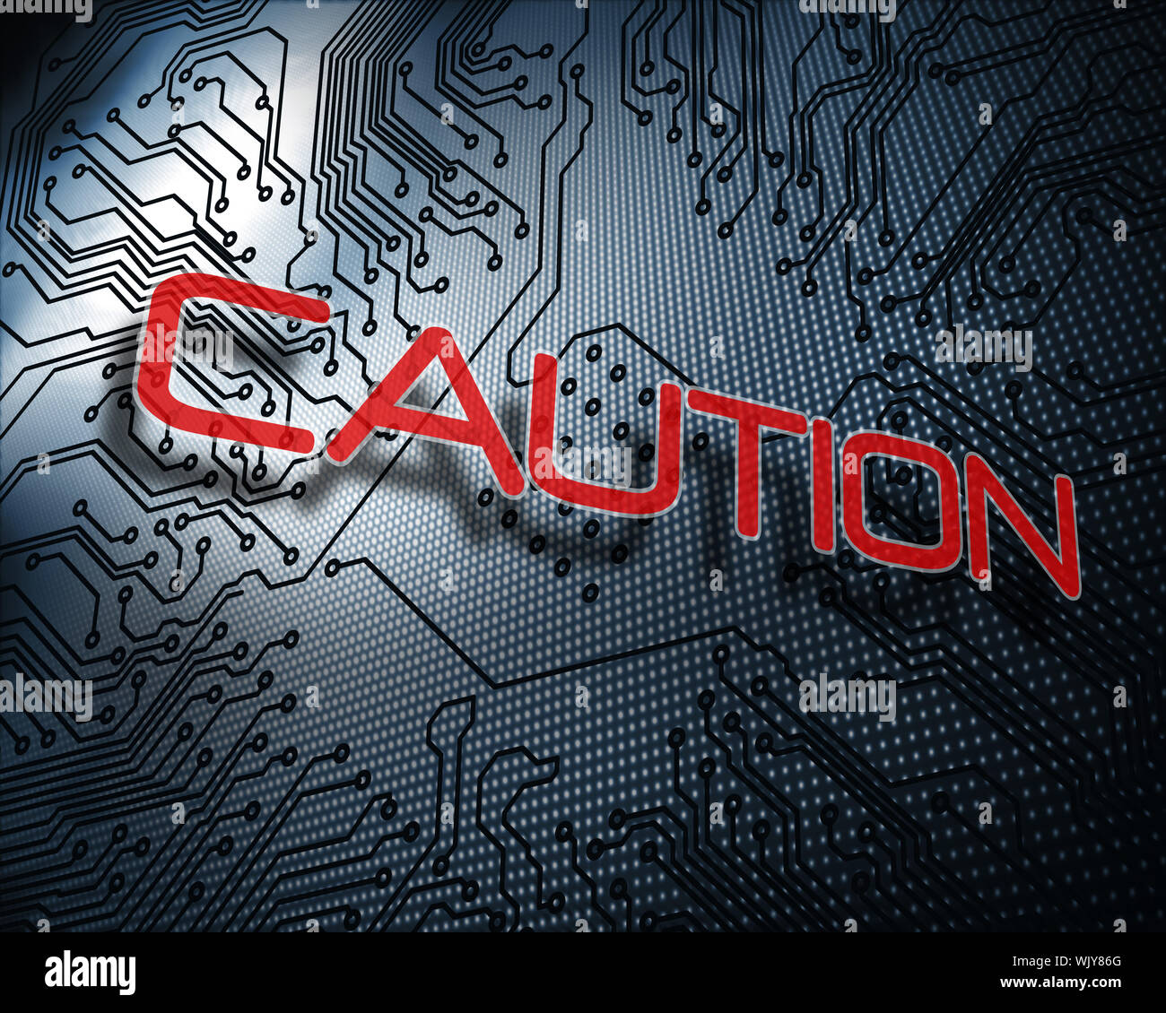 The word caution against illustration of circuit board Stock Photo - Alamy