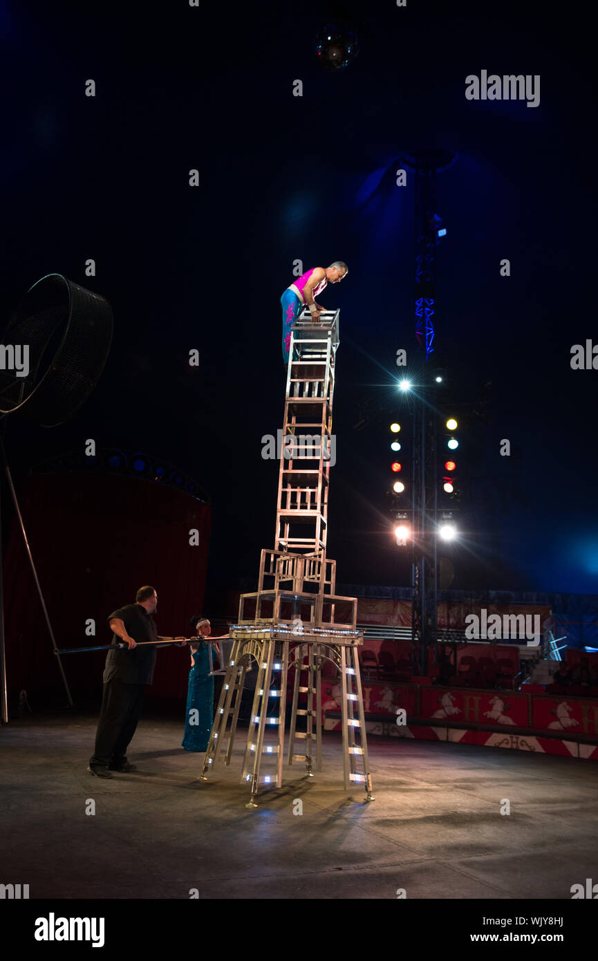 Baraboo, WI - 25 August 2019: A performance at a circus that is held ...