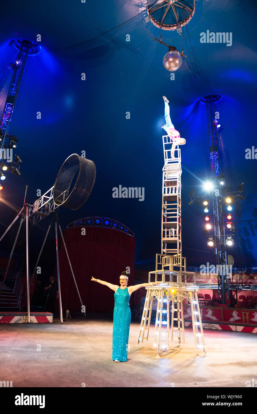 Baraboo, WI - 25 August 2019: A performance at a circus that is held ...