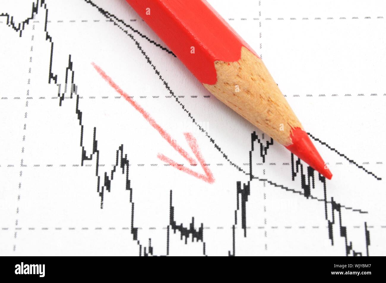 negative business data or chart showing financial crisis with red pen ...