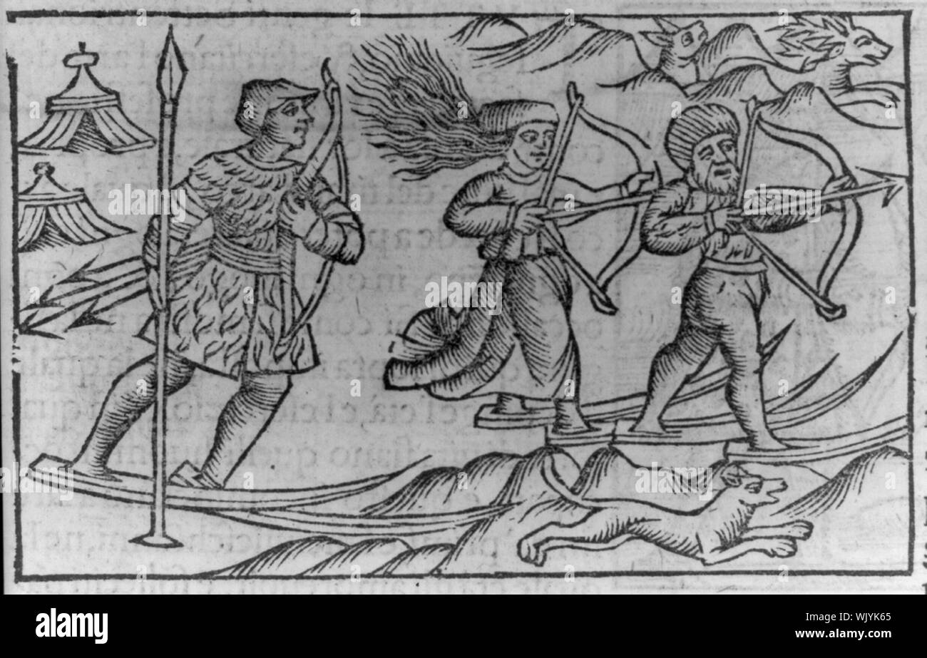 Illustration of activities of Lapps and Finns: Men and women hunting ...