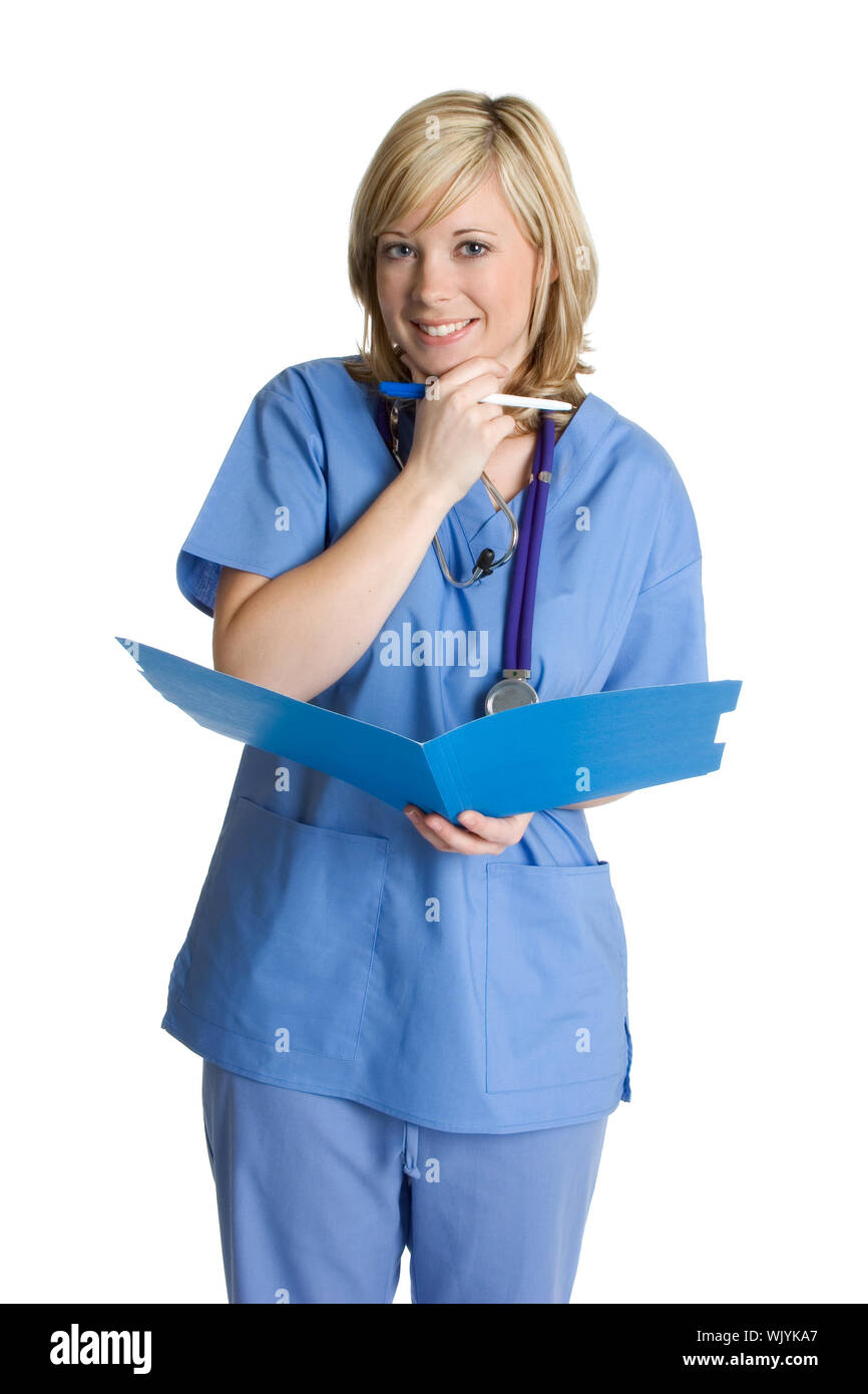 Pretty isolated nurse holding folder Stock Photo - Alamy