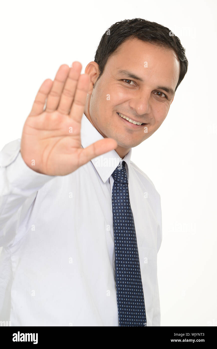 Businessman making stop gesture isolated on white background Stock ...