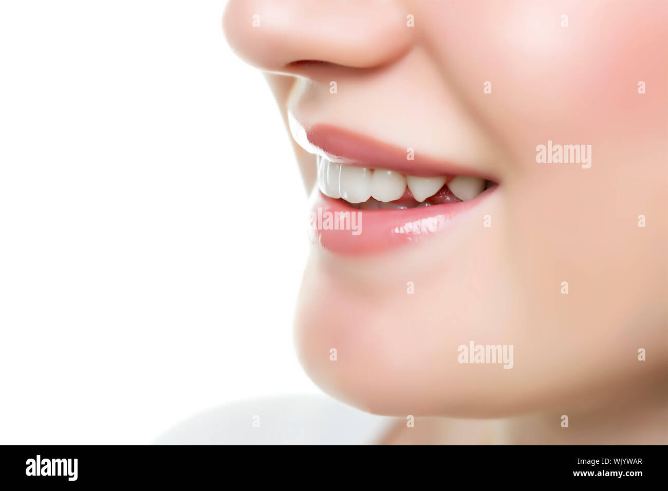 Closeup of a smiling face of a woman with lips, nose and teeth Stock ...