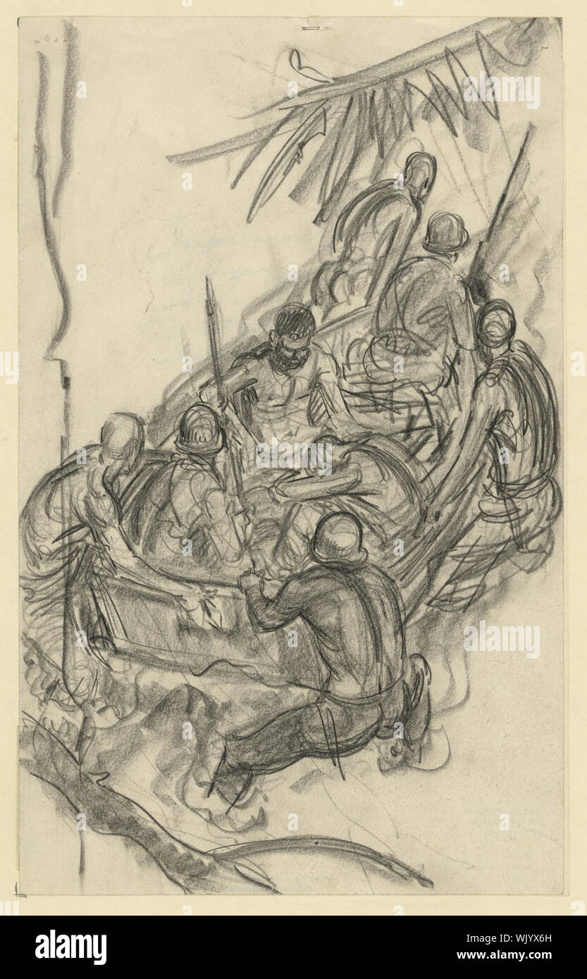 Impression bringing wounded down the Matanakau e.g. Mataniko River ...