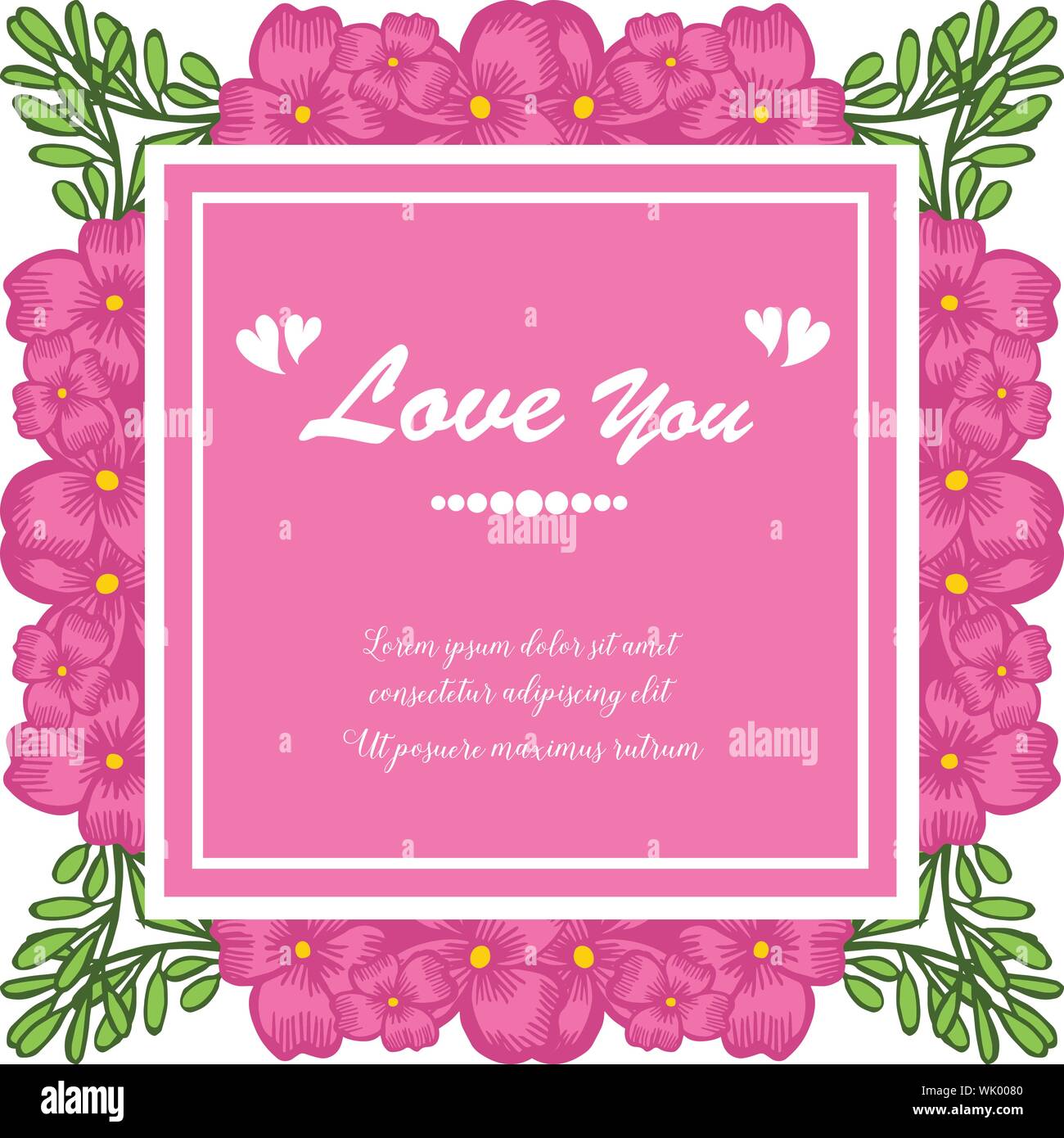 Vintage Style Card Love You With Crowd Of Pink Flower Frame Vector