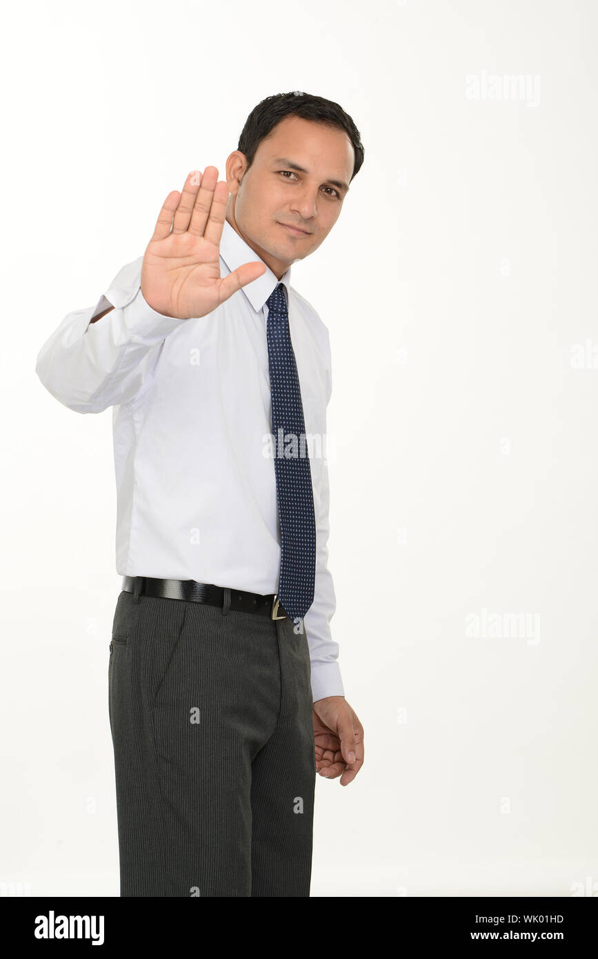 Businessman making stop gesture isolated on white background Stock ...